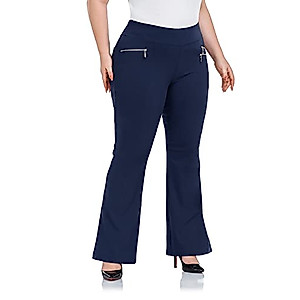 Inno Plus Size Dress Pants Women Bootcut Dress Pants Stretchy High Waisted Pull-on Slacks with Zipper Pockets Business Casual Work, Navy, XXL, 28" Inseam