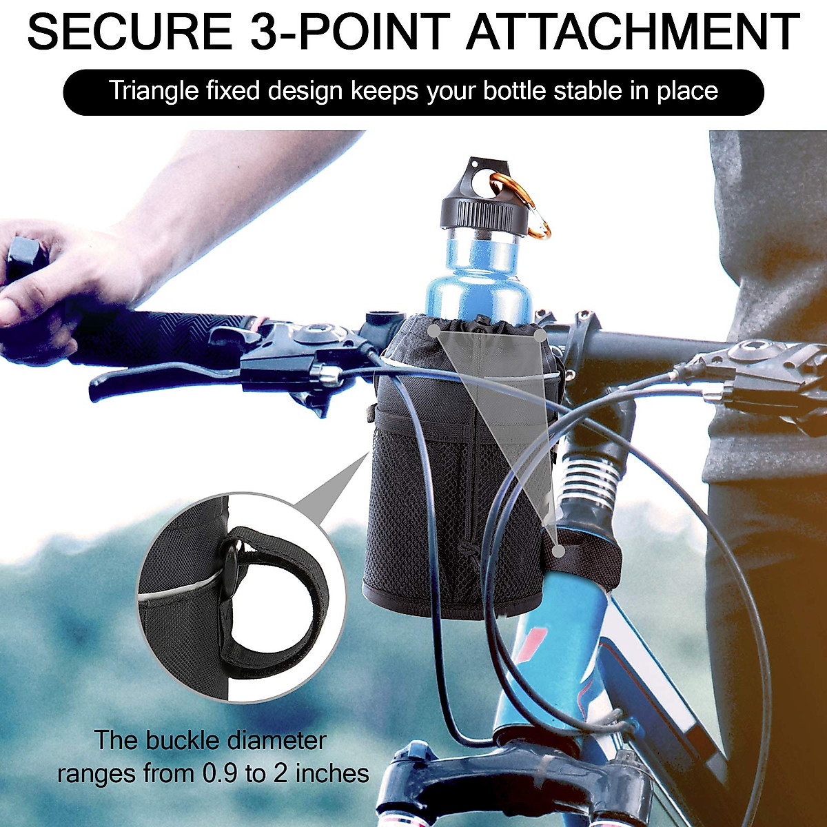 MIZATTO Bike Cup Holder - 2 Pack Water Bottle for Universal Holders Bike, Boat, UTV/ATV, Scooter, Wheelchair etc Cage with Net Pocket and Cord Lock (Black)