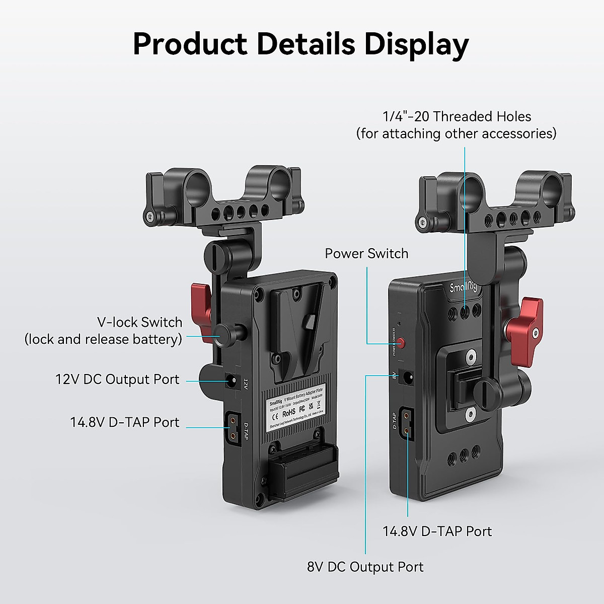 SmallRig V-Mount Battery Adapter Plate, V-Lock Battery Plate with Dual D-TAP and DC Ports, Adjustable Arm and 15 mm Rod Clamp, Compact V-Mount Battery Plate for Cameras, Monitors, Transmitter - 3499