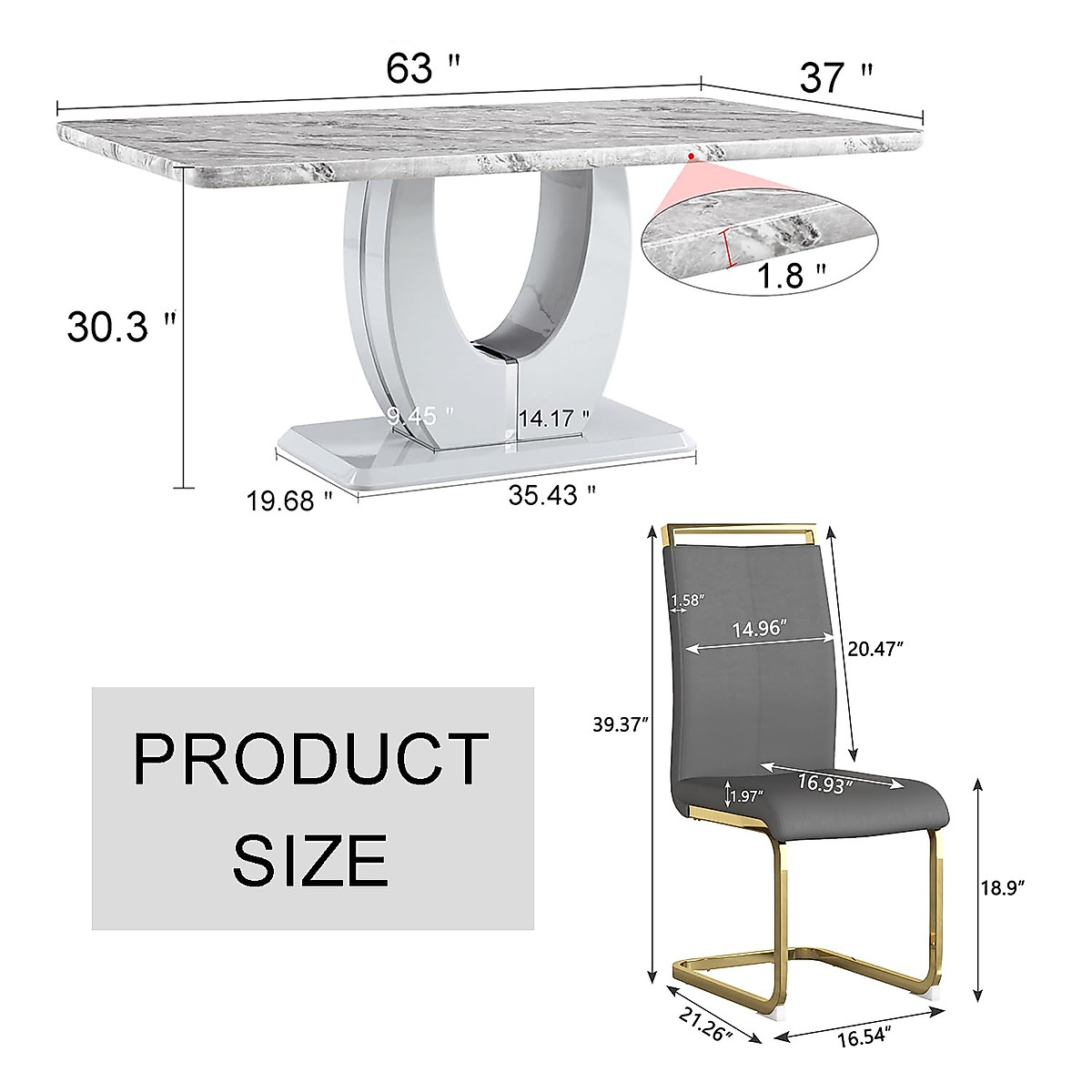 hohoedc 63" Morden Faux Marble Dining Room Table Set,Big Kitchen Dining Table for 6-8 with MDF Base,7 Piece Rectangle Dining Table Set &6 Pu Leather Golden Leg Chairs