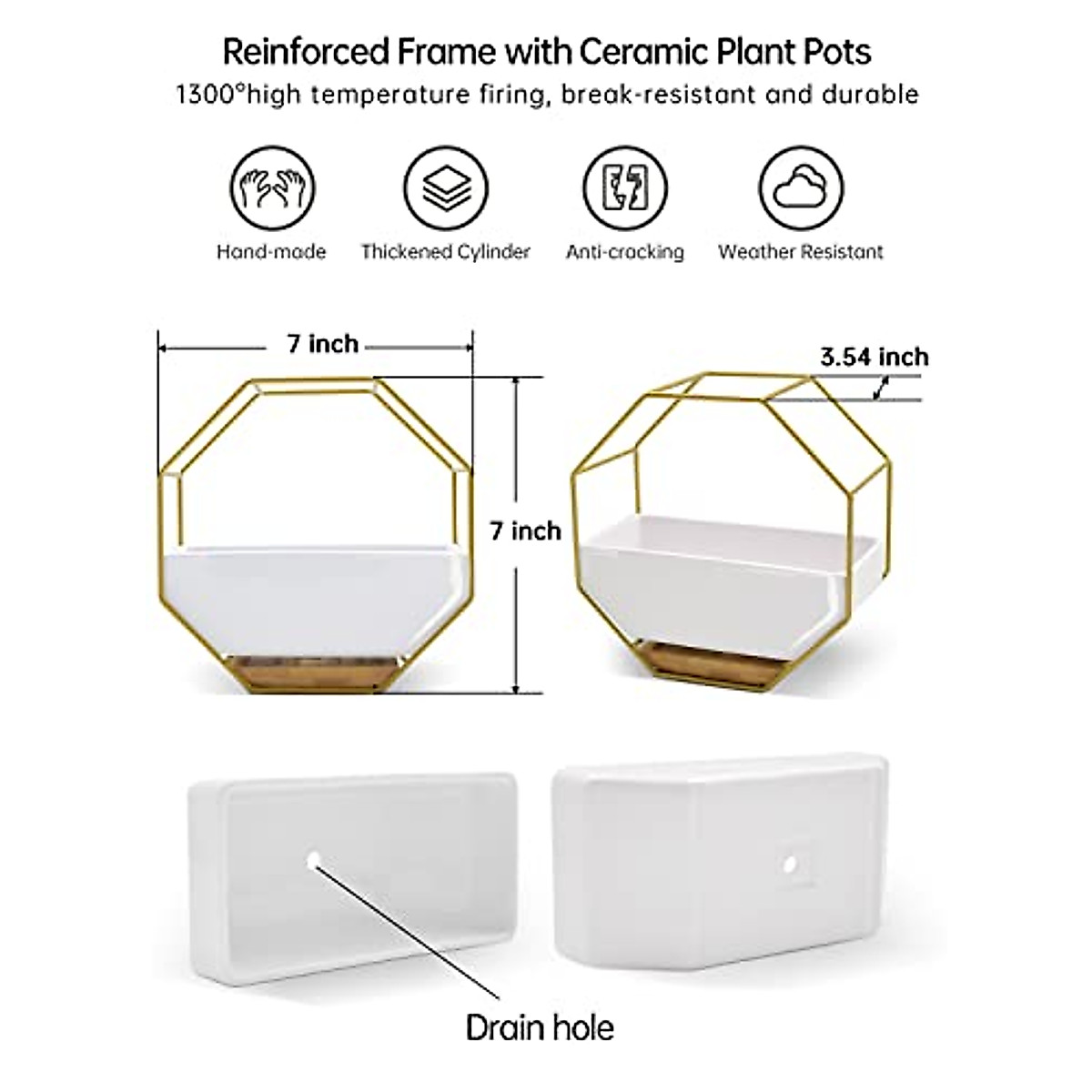 ChiRee Succulent Planters 7×3.5 Inch Decorative Ceramic Flower Plant Pots with Metal Holder Hanging and Place Dual-Purpose Garden Planter Pot with Drainage and Saucer for Indoor Home Office Desktop