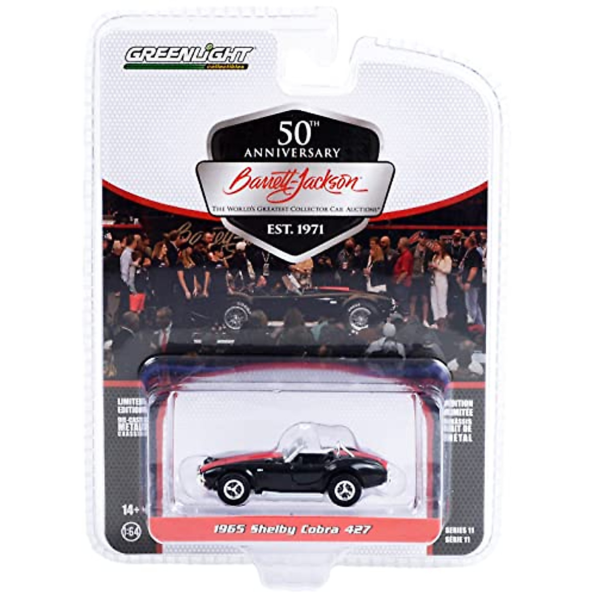 1965 Shelby Cobra 427 Black with Red Stripes (Lot #3002) Barrett Jackson Scottsdale Edition Series 11 1/64 Diecast Model Car by Greenlight 37270 A