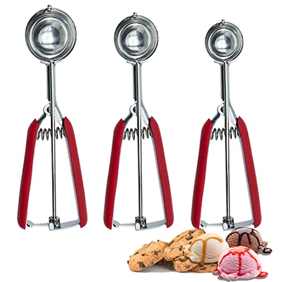 HEGO YUM Cookie Scoop,Ice Cream Scoop,3PCS Stainless Steel 1.5/2/3Tablespoon ice cream scooper,Red Rubber Grips Design,Durable and Effortless,for Ice Cream,Melon Baller and Baking(20#M/30#L/40#L)
