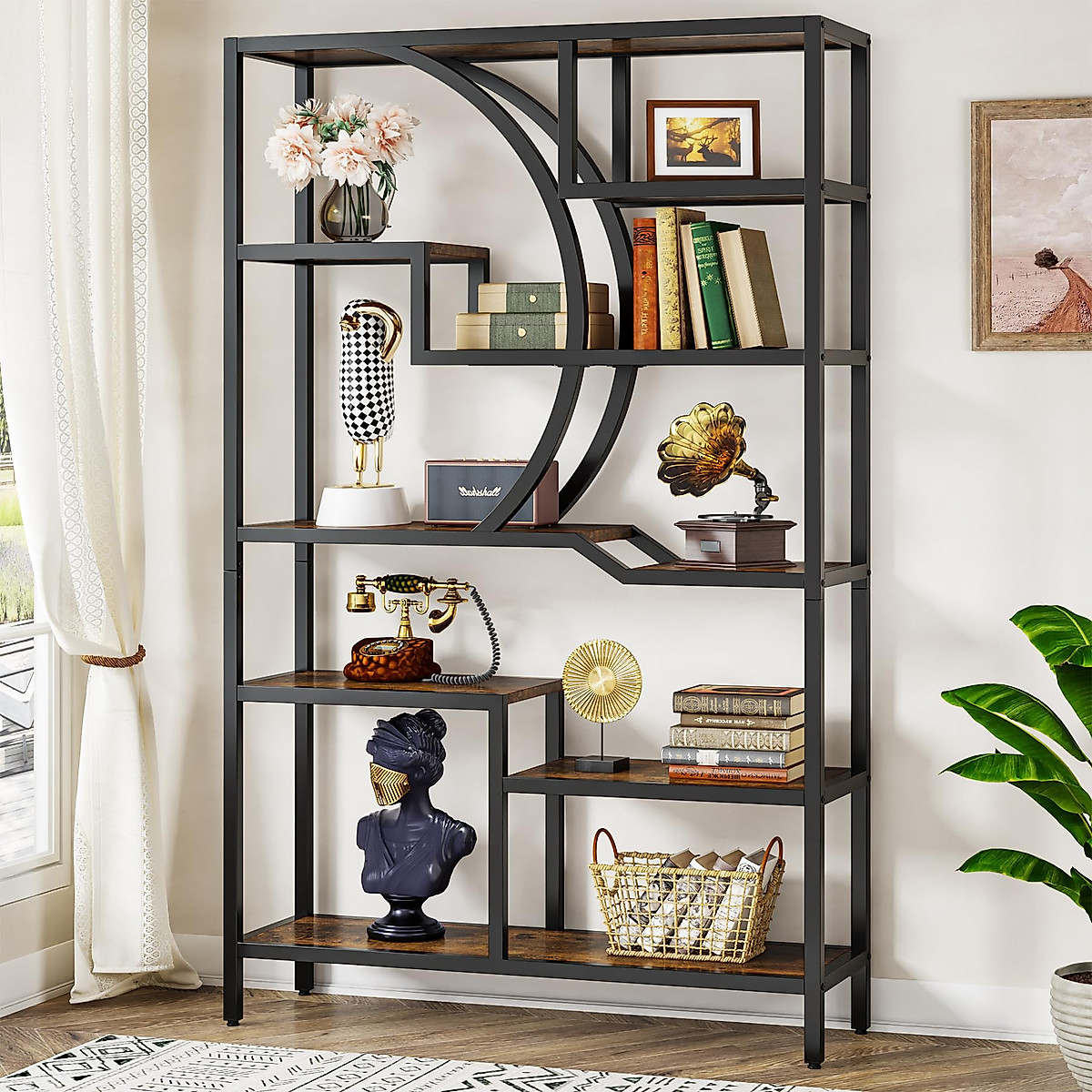 Tribesigns 69" Tall Bookshelf, Industrial 6-Tier Etagere Bookcase, Freestanding Open Book Shelves, Wood Storage Display Shelving Unit with 9 Open Shelves for Home Office, Rustic Brown