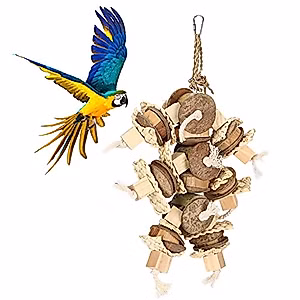 Zerodis Parrot Chewing Toy, Bird Coconut Beak Grinding Plaything Toy Parrot Cage Bite Toys with Blocks for Conures Cockatiels African Grey Macaws