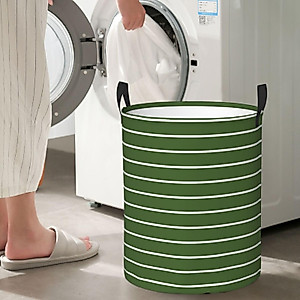 Large Laundry Basket, Olive Green and White Stripes Geometric Pattern Laundry Hamper Bag 19.6" Collapsible Washing Bin With Handles for College Dorm, Family Essentials Storage