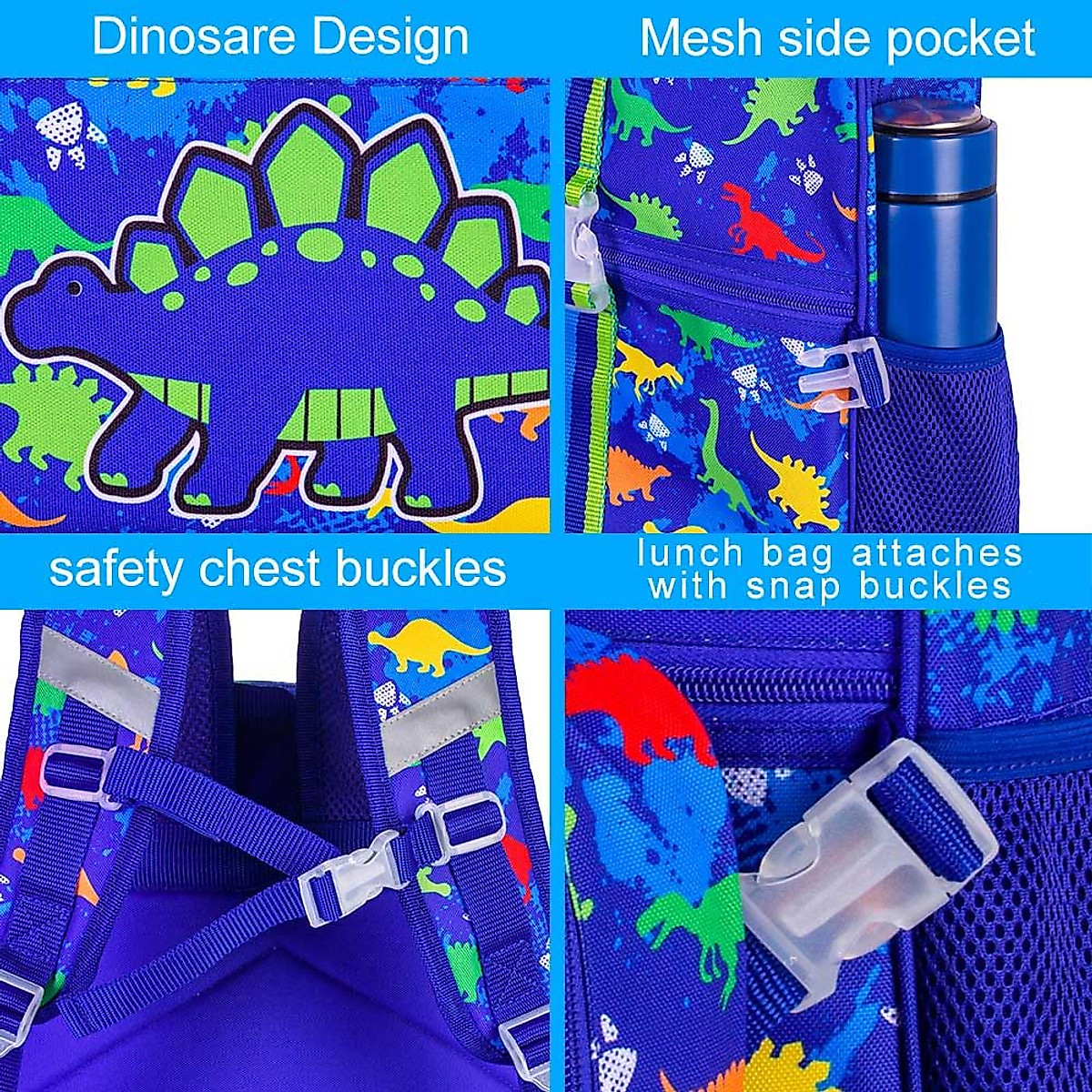 UFNDC 3PCS Dinosaur Backpack for Boys, 16”Kids Bookbag with Lunch Box, School Bag for Elementary Toddler