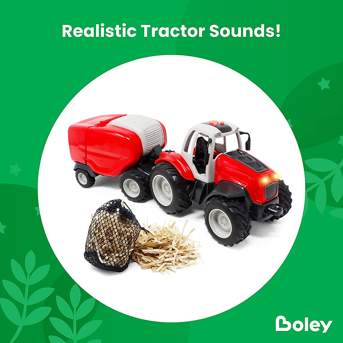 Boley Farm Tractor Toy with Baler - Light & Sound Farm Toy Vehicles with Paper Hay & Nets - Tractor Toys for Boys & Girls Ages 3+