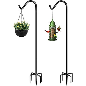 Eazielife Shepherds Hook for Outdoor Bird Feeders Pole 60 Inch Tall, Adjustable Heavy Duty Garden Hanger Stake Pole with 5 Prong Base, Shiny Black (2 Packs)