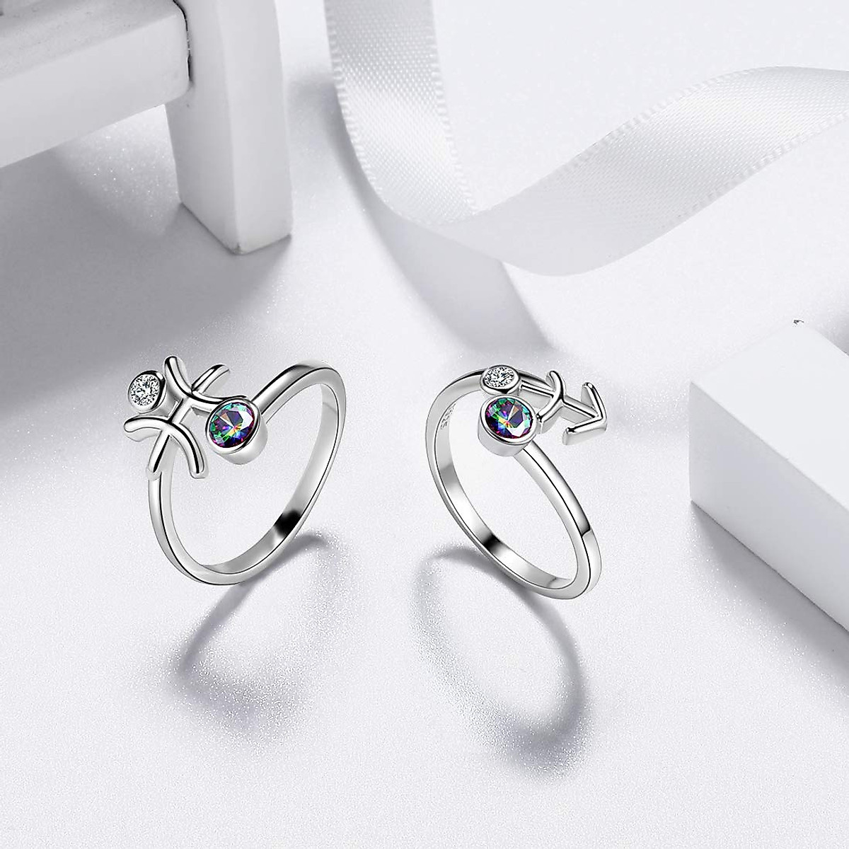 Aurora Tears Pisces Zodiac Rings Women 12 Constellation Horoscope Sign 925 Sterling Silver Mystic Rainbow Topaz Astrology Star Adjustable Birthday Gifts Fire Topaz Present DR0087Y