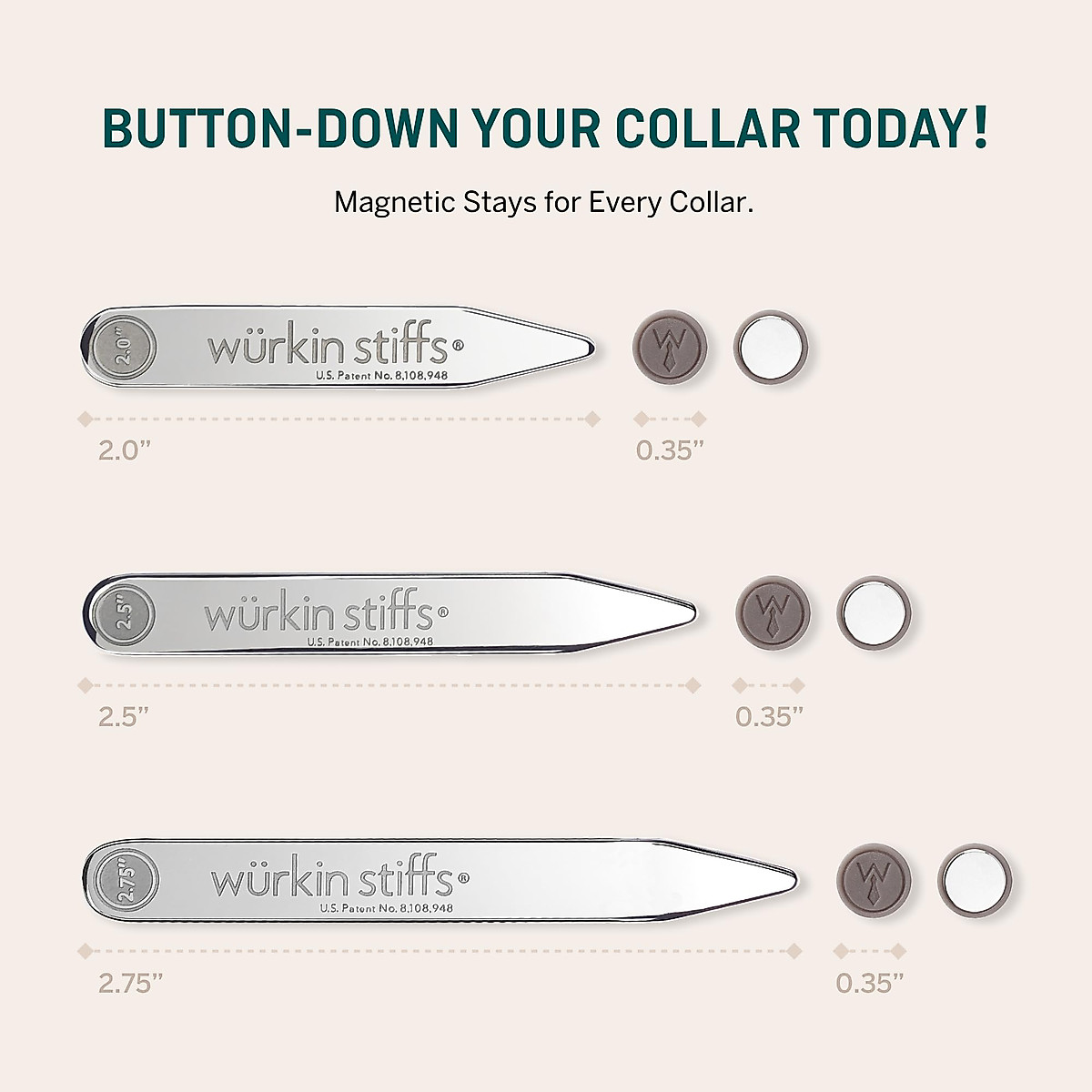Würkin Stiffs 3-Pair Power Stays Magnetic Collar Stays 3 Pair, 3 Sizes | Includes (2) 2.0” Power Stays, (2) 2.5” Power Stays and (2) 2.75” Power Stays | Gift for Men | As Seen on Shark Tank