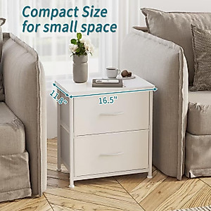 LUMTOK White Nightstand with Drawer, 2 Drawers Dresser for Bedroom, Small Night Stand and Dressers Sets Fabric Drawers, End Table Drawer Living Room (2PCS)