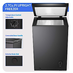 Kismile 2.7 Cubic Feet Chest Freezer with Removable Basket Free Standing Top Open Door Compact Freezer with Adjustable Temperature for Home/Kitchen/Office/Bar (2.7 Cubic Feet, Black)