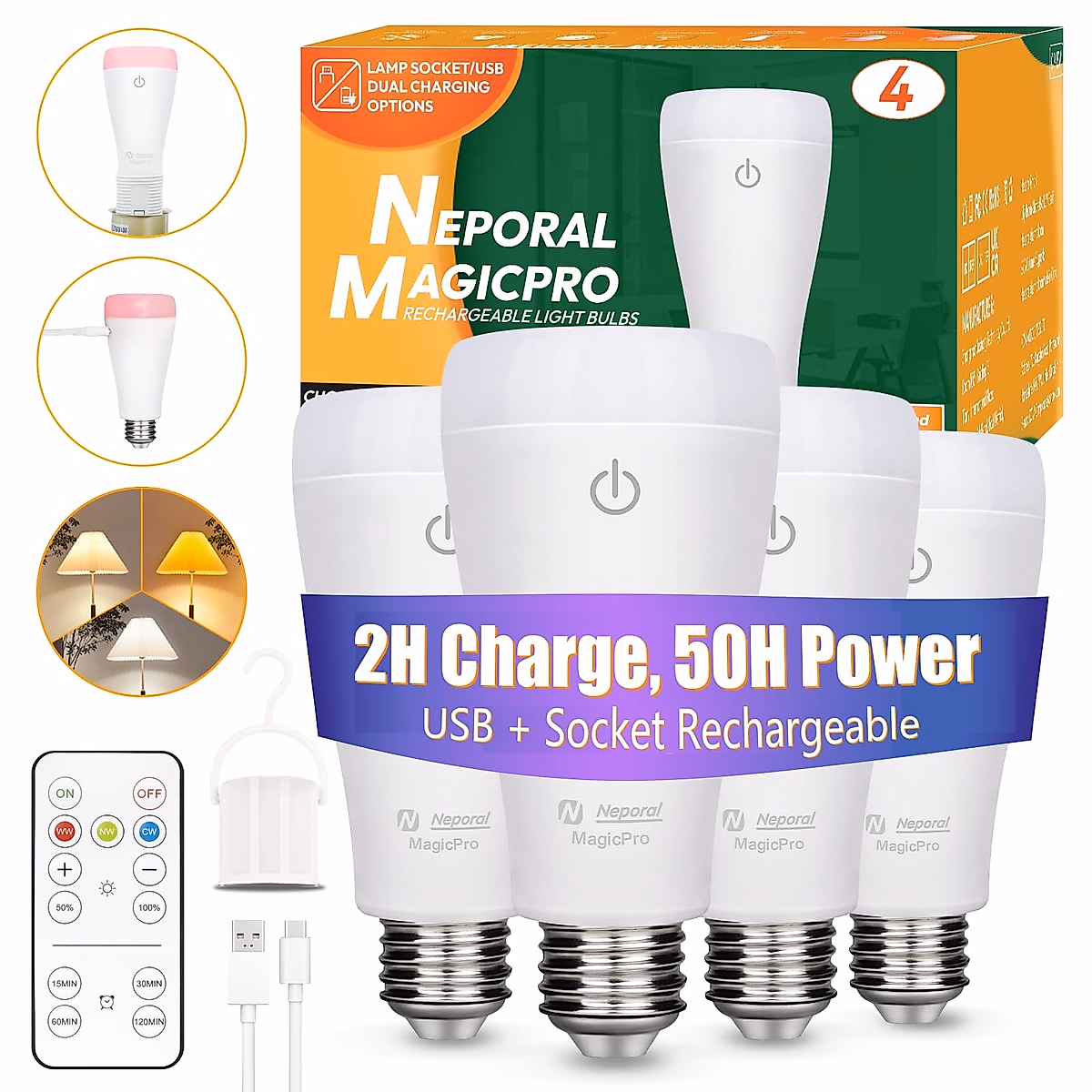 Neporal MAGICPRO Socket & USB Rechargeable Light Bulbs with Remote, 2H Fast Charge, 5-50H Battery Life, 3-Color Shifts & Dimmable, 9W 800LM E26 Battery Light Bulb for Home,Wireless, Emergency Use, 4PK
