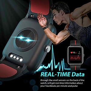 Smart Watch, Built-in GPS Fitness Tracker with All-Day Heart Rate and Activity Tracking* Monitoring, Full Touch Screen Fitness Watch, 14 Sport Modes, 5ATM Waterproof Men and Women (Black + Red)