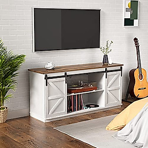 YESHOMY Farmhouse TV Stand for Televisions up to 65+ Inch with Sliding Barn Doors and Storage Cabinets, Entertainment Center Console Table, Media Furniture for Living Room, 58 Inch, White