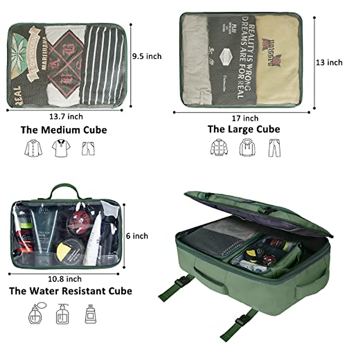 Carry on Bag, 50L Travel Bag Flight Approved Travel Backpack with 3 Packing Cubes Weekender Bags for Women Men Hiking Backpack Water Resistant Rucksack Casual Daypack Traveling Essentials, Green