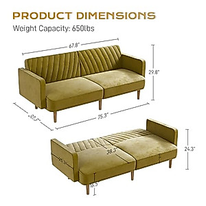DAMAIFROM Futon Sofa Bed, Upholstered Comfy Velvet Futon Couch, Sleeper Sofa, Loveseat, Mid Century Modern Small Sofa, 75" Couches for Living Room, Office, Small Spaces, Olive Green