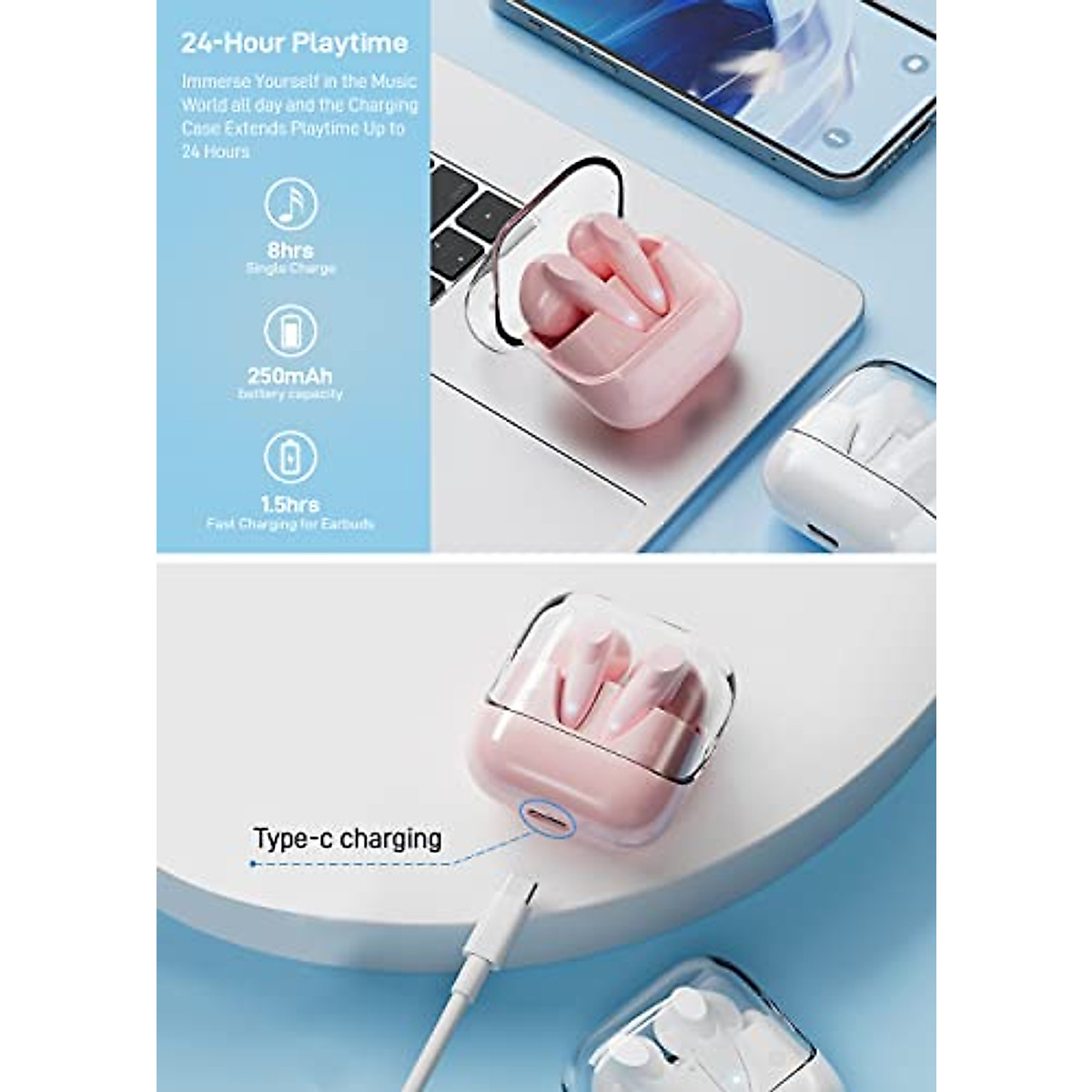 Bluetooth Wireless Earbuds,Immersive Sound Premium Deep Bass Hi-Fi Stereo Headset Bluetooth 5.2 Ear buds with Mics Call Noise Cancelling Lightweight Earphones for iOS,Android,Workout Sport Office