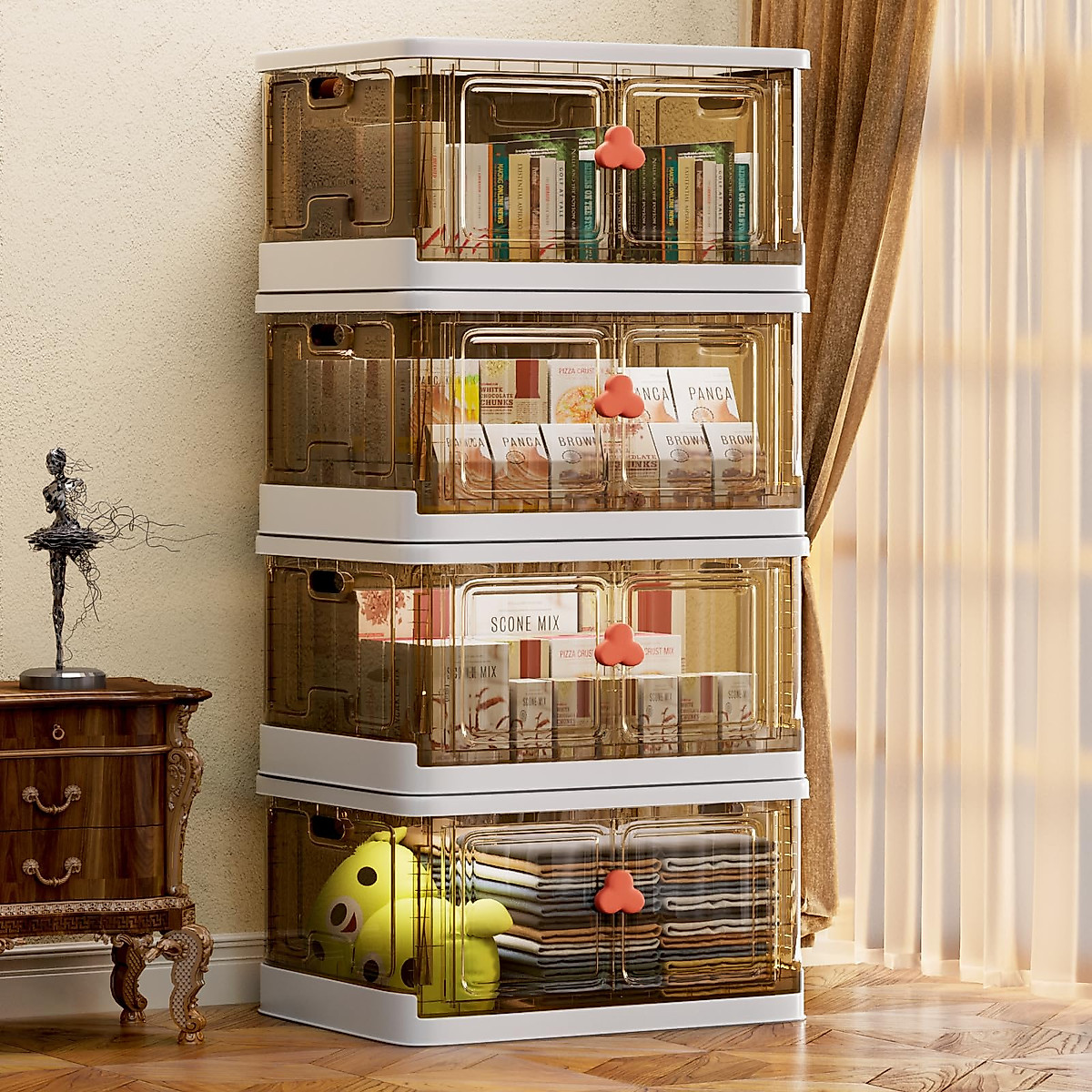 27Gal Storage Bins with Lids-4Pack Convenient Front Door Access, Wheels, Clear Design, Collapsible, Stackable, and Durable Plastic - Ideal for Closet,Organizing Toys, Dorms, Cars, and Bedrooms…