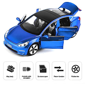 Model 3 Toy Car 1:32 Scale Alloy Car Model 3 Diecast & Pull Back Toy Vehicles Car Toy for 3 to 12 Years Old Toddlers Kids Toy Gift - with Lights and Music (Blue)