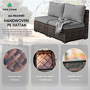 Grezone Patio Furniture Set 7 Piece Outdoor Wicker Sectional Sofa - All Weather High Backrest PE Rattan Couch Conversation Set with Cushion & Glass Top Table for Backyard Deck Porch, (grey)