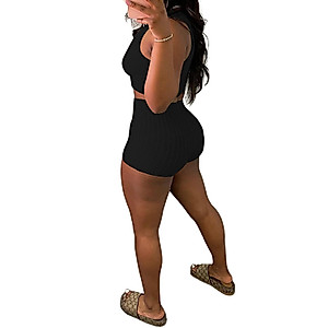 PYAEAS Summer Two Piece Outfits for Women 2023, Casual Ribbed Tank Top High Waist Workout Shorts Sets (Black, XL)