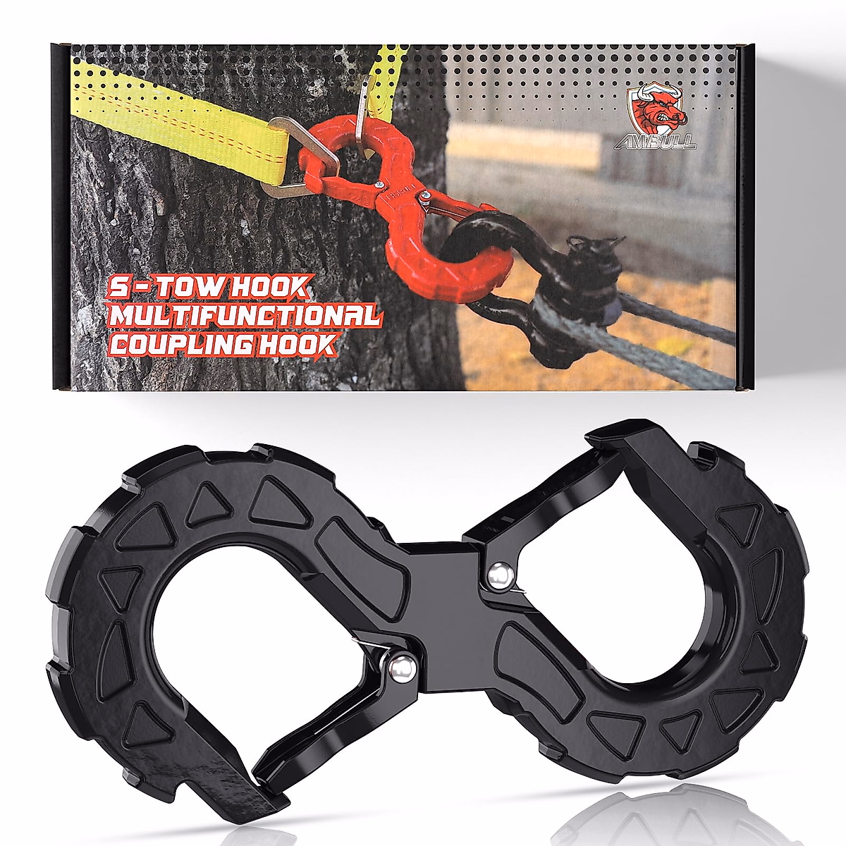 AMBULL 3/8 Tow Hook, Winch Hook for Off-Road Recovery, Towing Shackle 33000 Lbs, G80 Heavy Duty Strength Integrated Winch Quick Shackle, Black