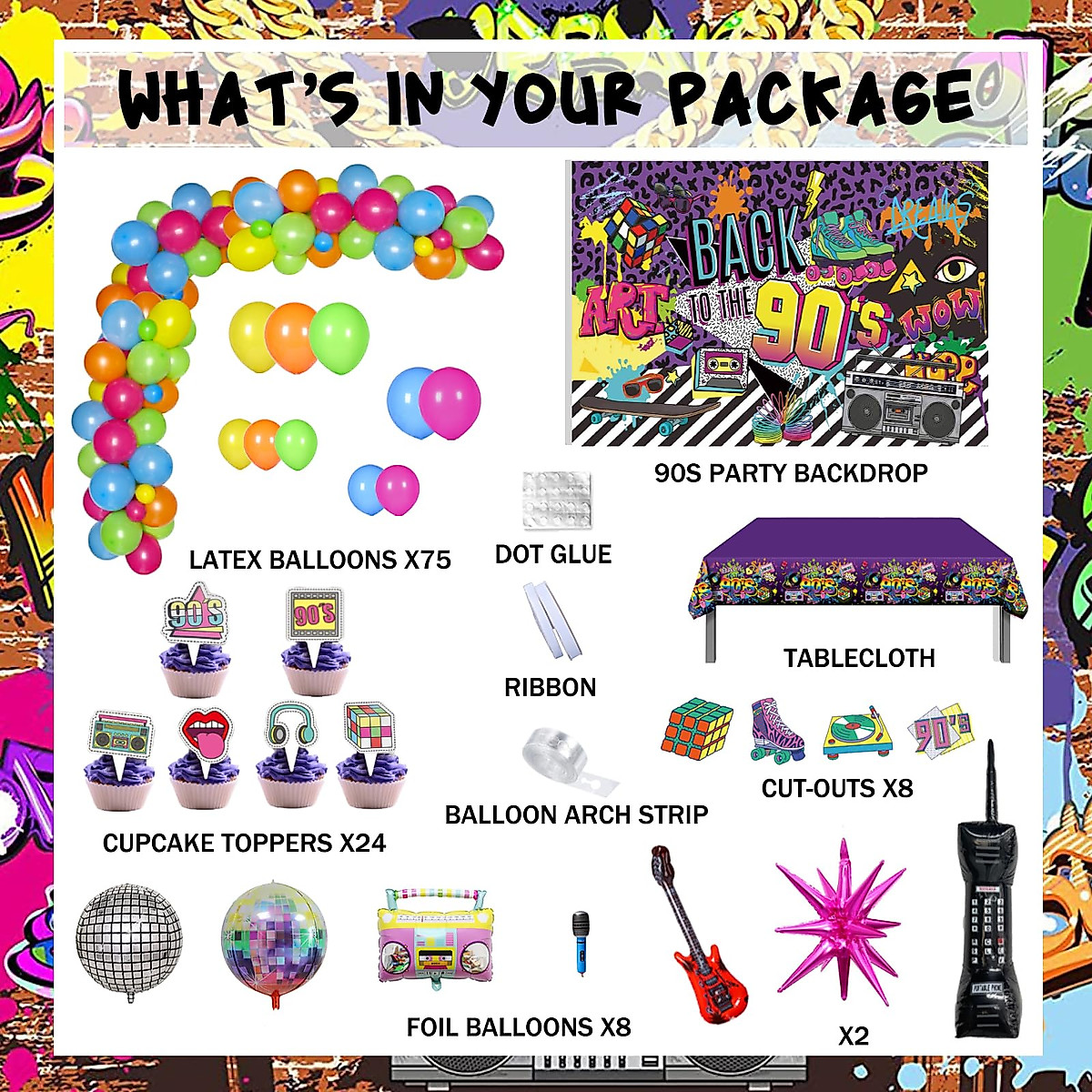 143 PCs 90s Party Decorations, Homond 90s Themed Birthday Party Decorations Backdrop Balloon Garland Arch Cutout Tablecloth Cupcake Toppers Gold Chain 4D Laser Disco Ball Explosion Star Retro