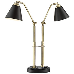 Possini Euro Design Sentry Mid Century Modern Desk Lamp 23" High with USB Charging Port Black Brass Gold Metal LED Adjustable Cone Shade for Living Room Bedroom House Bedside Nightstand Office