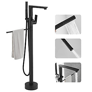 RUMOSE Tub Filler Freestanding Bathtub Faucet with 12.2 Inches Towel Bar Matte Black Floor Mount Tub Faucet Swivel Spout High Flow Bathtub Filler with Handheld Sprayer, Towel Rack