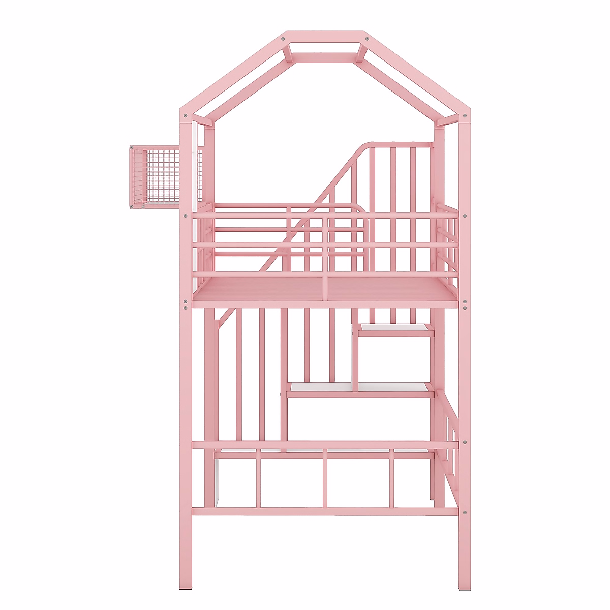Unique Metal Twin Size House Loft Bed with Roof,Storage Stairs and a Storage Box,for Kids Girls Boys Teens Adults Bedroom Use (Pink@Stairs, Twin)
