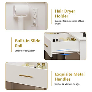 Vanity Desk with LED Lights Mirror & Power Outlet, Small Makeup Vanity Table Set with Storage Drawers & Chair, 3 Lighting Modes & Adjustable Brightness, Dressing Table for Women Girls Bedroom, White