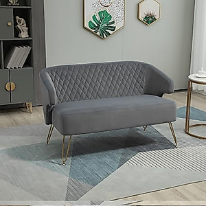 QQU Modern Velvet Loveseat Sofa, Comfy Upholstered Seat Couch with Metal Legs, 2-Seater Accent Sofa Chair, Living Room Sofa with Tufted Backrest, Grey
