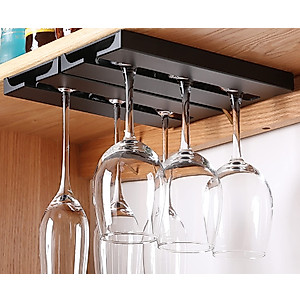 Manwo 2 Pack Wine Glass Holder Under Shelf or Cabinet Punch-free Wine Glass Rack Plastic Stemware Rack Glassware Drying Storage Hanger for Kitchen,Bar and Restaurant(Black)