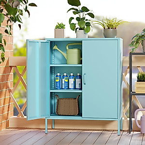 COFaR Blue Metal Cabinet with Doors and Shelves,Metal Storage Cabinet with Leg,Multipurpose 3-Tier Office Cabinets,Metal Liquor Cabinet for Home Office,Coffee bar,Kitchen