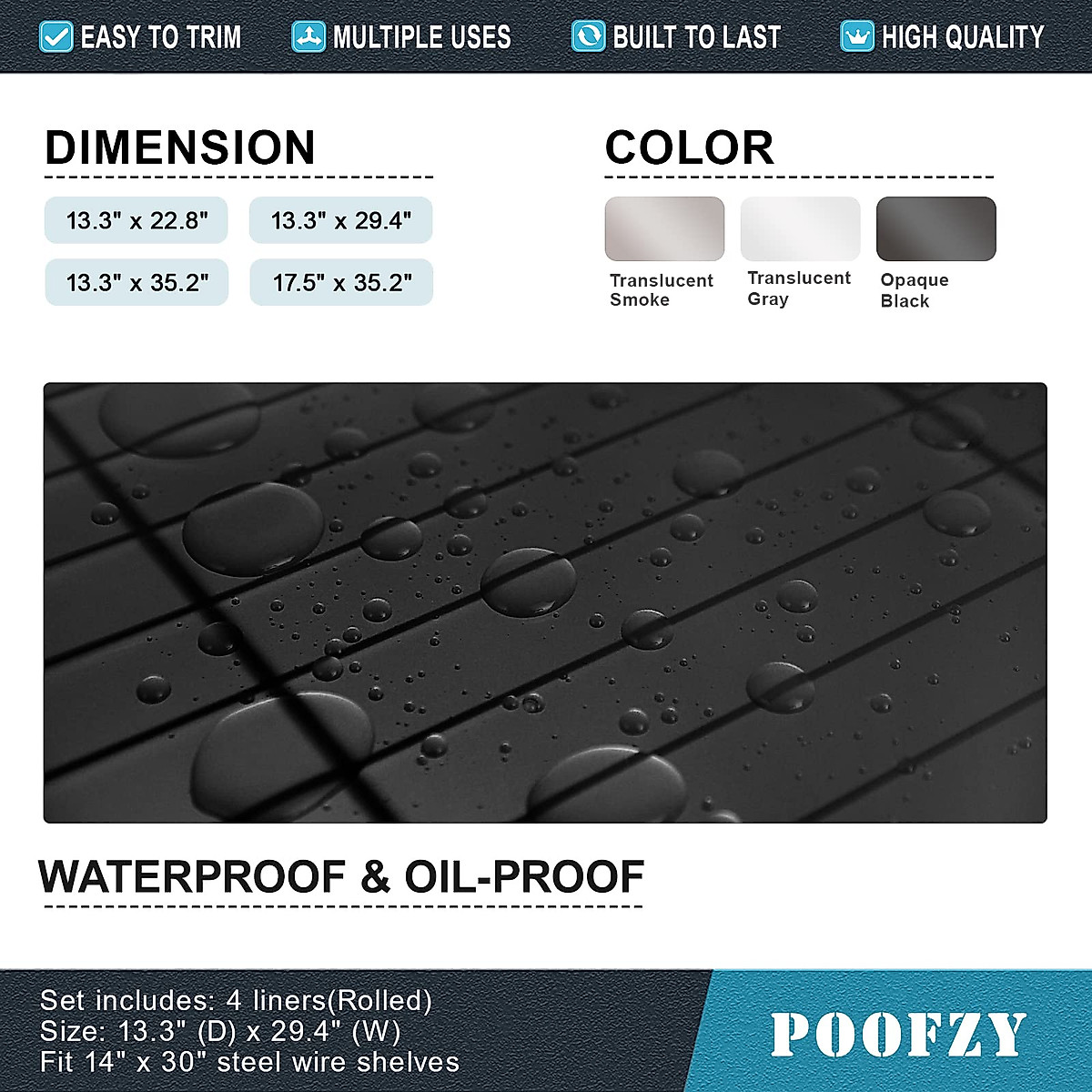 Poofzy Shelf Liners for Wire Shelving, 14 x 36 Non-Adhesive Wire Shelf Liner Plastic for Pantry, Kitchen Cabinets (4PK, Black)