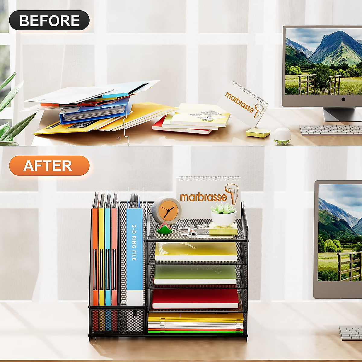 Marbrasse Desk Organizer with File Holder, 5-Tier Paper Letter Tray Organizer, Mesh Desk Organizers and Accessories with Magazine Holder, Desktop Organizer and Storage for Office Supplies (Black)