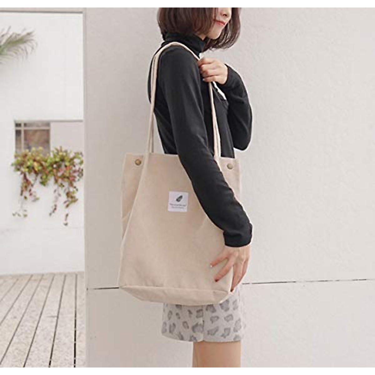 MODANA Corduroy Tote Shopping Bag with Interior Pocket, Reusable Washable and Ecofriendly, Perfect Totes for Shopping Travelling School and So on (Beige)