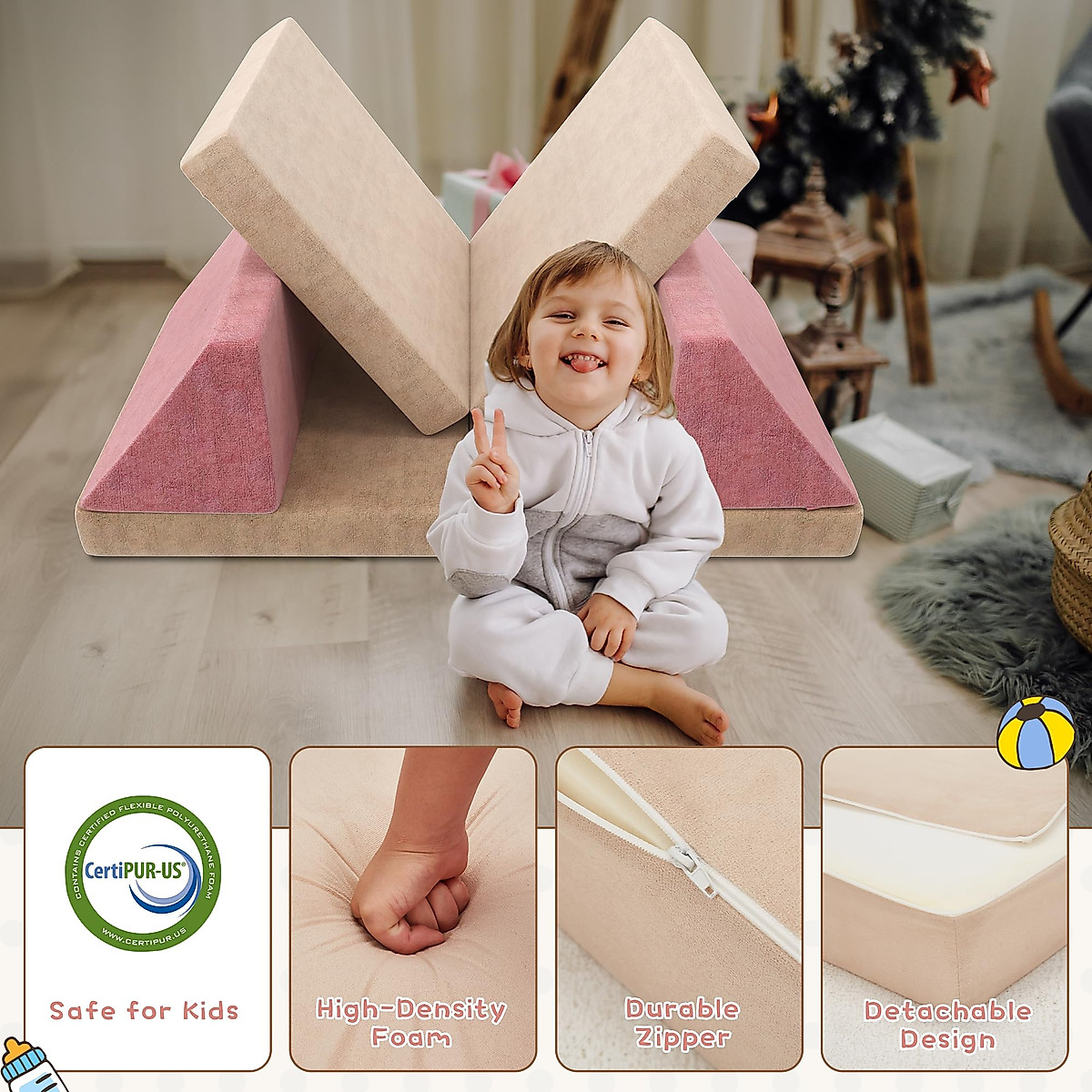 HOMMOW Kids Couch, 12pcs Modular Kids Play Couch Kids Sofa, Versatile Toddler Couch Kids Couch for Playroom, Convertible Kids Sectional Sofa Kids Bedroom Furniture for Boys and Girls, Pink