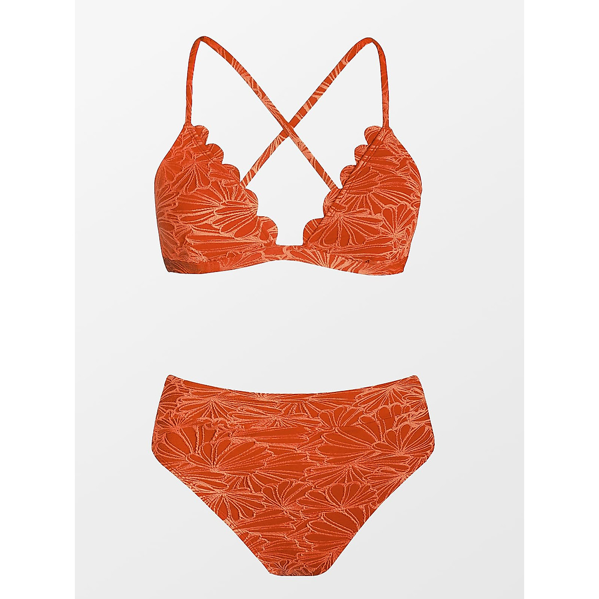 CUPSHE Bikini Set for Women Bathing Suit High Waisted Scalloped V Neck Two Pieces Swimsuit, L Coral Orange