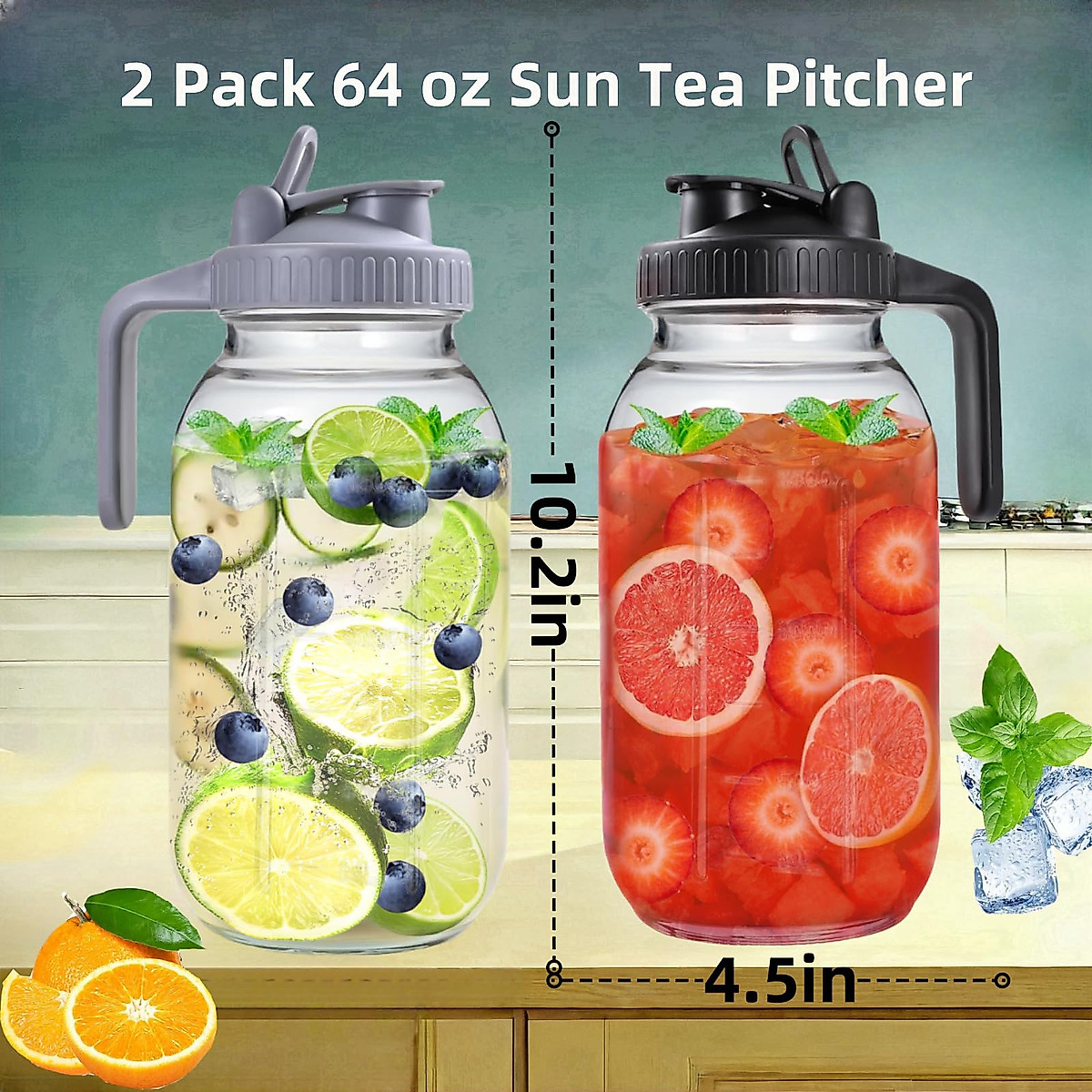 2 Pack 64 oz Pitcher With Lid, Glass Pitcher With Lid, Leak-Proof Airtight Mason Jar Pitcher, Sun Tea Jar, Glass Pitcher, Sun Tea Pitcher for Ice Tea, Cold Brew Coffee, Breast Milk, Juices
