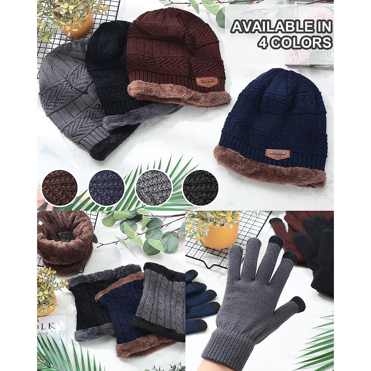 12 Pieces Winter Hat Scarf Gloves Set Snow Beanie Hat Knit Skull Caps Touch Screen Mittens Warm Neck Warmer for Men Women Cold Weather Skiing, 4 Colors