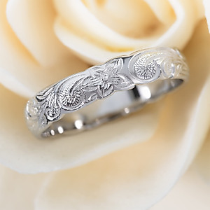 Aloha Jewelry Company Sterling Silver 4mm Hawaiian Princess Plumeria Flower Scroll Ring Stackable Wedding Band (Silver, 10)