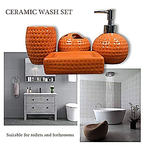 bbruriy 4-Pieces Orange Ceramic Bathroom Decor Accessory Set Includes Soap Lotion Dispenser,Soap Dish,Cup and Toothbrush Holder
