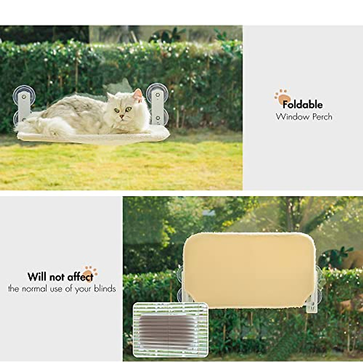 Cat Window Perch Durable Cat Hammock Seat for Indoor Cats Reversible Mat Use Year-Around Foldable Cat Bed Providing All-Around Sunbath Saving Space Washable Holds Up to 40 lbs (Plush Beige)