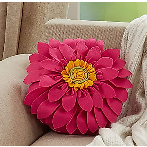 SARO LIFESTYLE Fleur De Jardin Collection Felt Flower Throw Pillow with Poly Filling, 13" x 13", Fuchsia