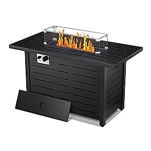 ZAFRO Fire Pit Table, 43" Propane Fire Pit, 50,000 BTU Auto-Ignition Fire Pits for Outside with Lid, Rain Cover, Tempered Glass Wind Guard & Glass Rocks, Garden/Backyard/Deck Patio (Rectangular)…