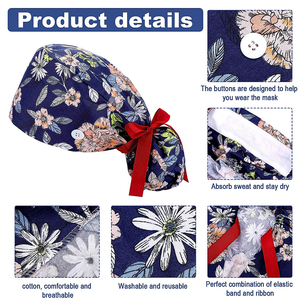 8 Pieces Scrub Caps with Buttons Bouffant Hats with Sweatband Adjustable Ponytail Holder for Women (Classic Pattern)