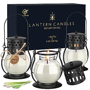 Citronella Candles Outdoor, 3PCS Scented Candles with Vintage Metal Lantern Holder, Natural Citronella Soy Wax Candles, Lemongrass Candles for Camping, Gift for Women, Mother(3x2.5oz)